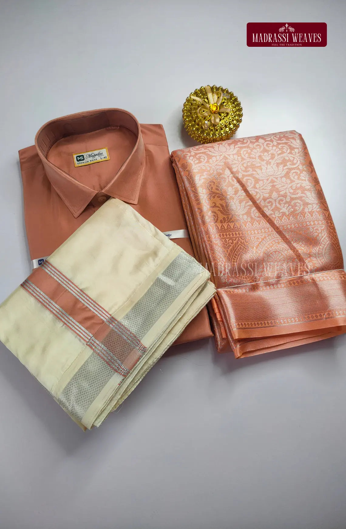 Premium Silk Couple Combo Set with Colour Zari - Copper – Madrassi Weaves