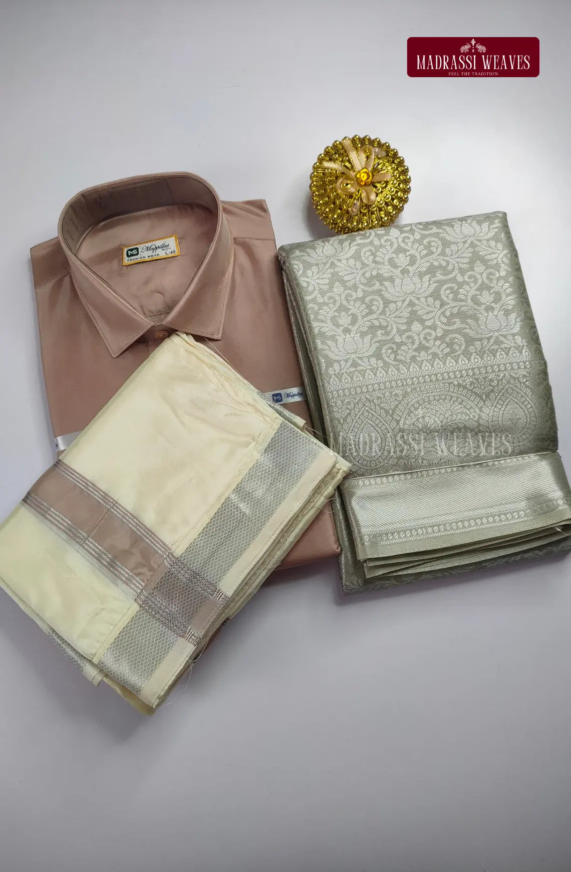 Premium Silk Couple Combo Set with Colour Zari - Sandstone – Madrassi Weaves