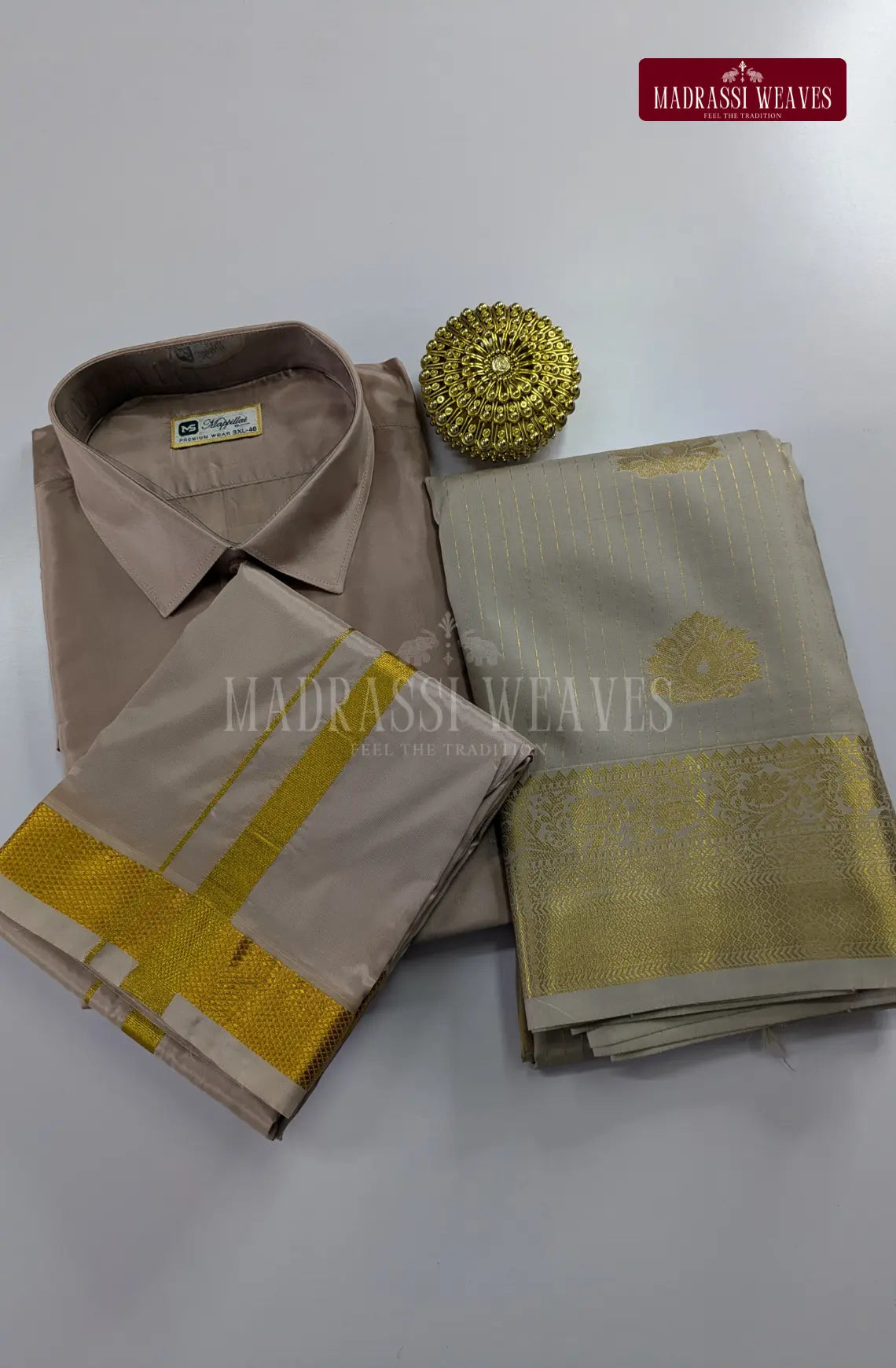Premium Couple Combo Set with Gold Zari - Sandstone – Madrassi Weaves