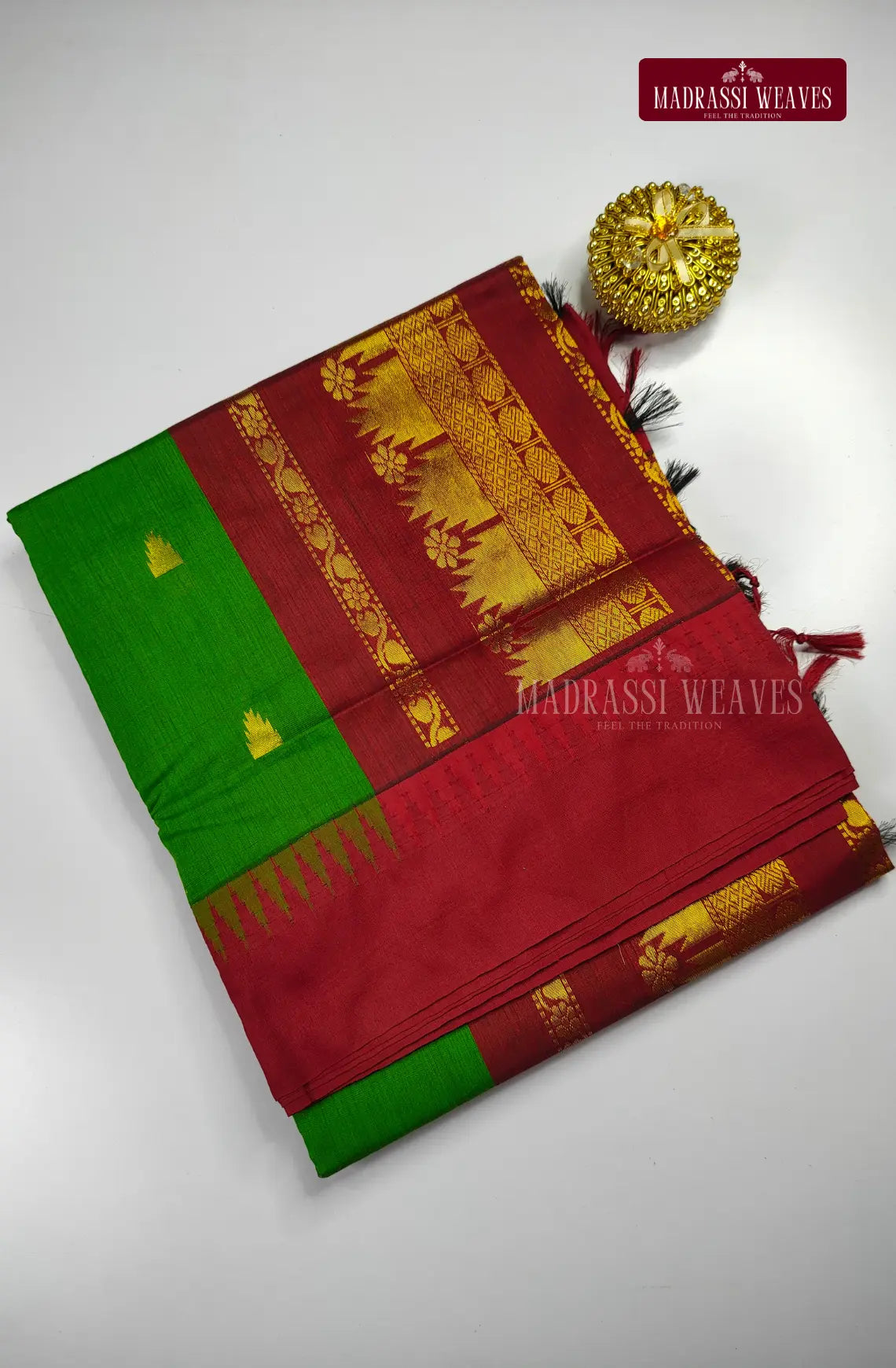Premium Kalyani Gap Border Saree - Parrot Green – Madrassi Weaves