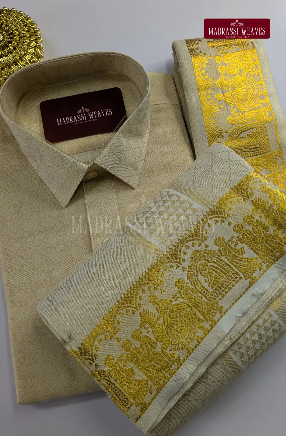 Premium Pallakku Embossed Cotton Tissue Dhoti Set - Cream – Madrassi Weaves