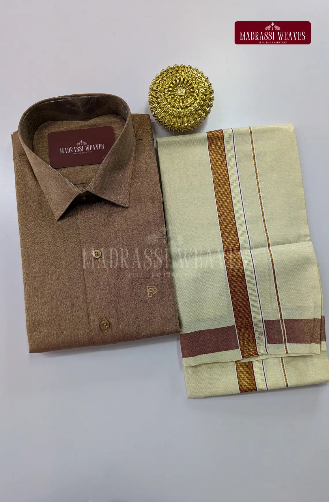 Premium Shiny Cotton Tissue Dhoti Set - Chocky Brown – Madrassi Weaves