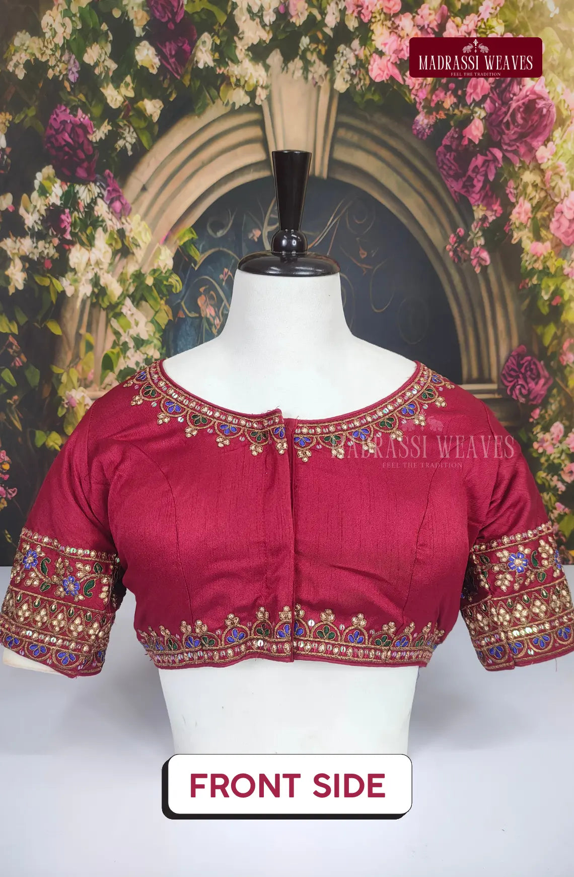 Trendy Bridal Aari Work Blouse - Cherry Red – Madrassi Weaves