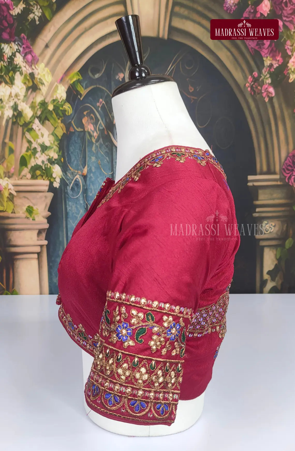 Trendy Bridal Aari Work Blouse - Cherry Red – Madrassi Weaves
